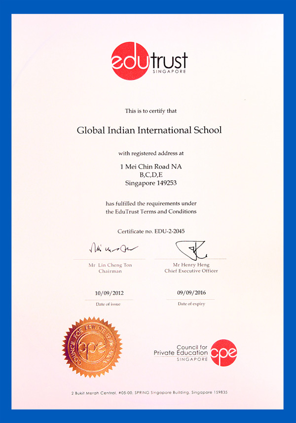 Global Indian International School Awarded 4-Year Edutrust Certification
